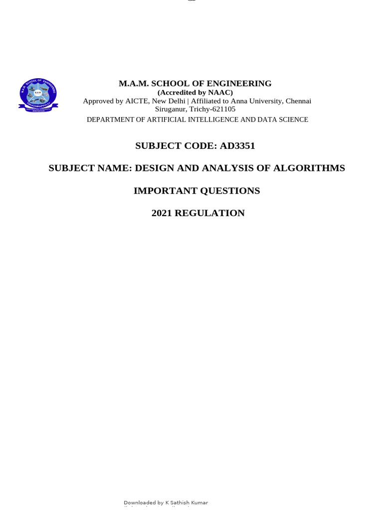 Ad3351 Daa Important Questions | PDF | Computational Complexity Theory | Recurrence Relation