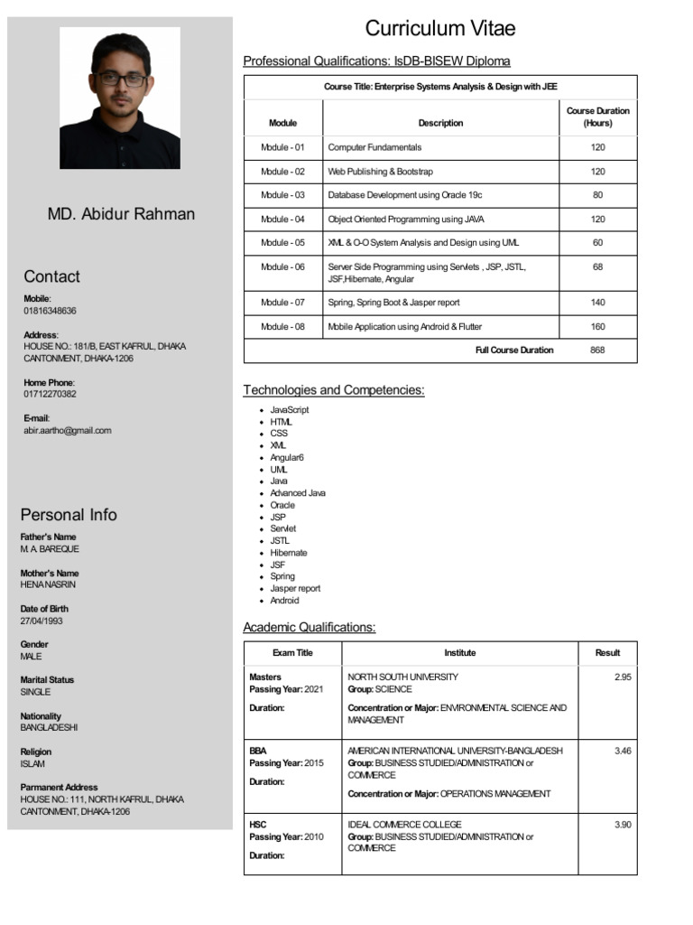 ResumeOf MD. Abidur Rahman Call | PDF | Java (Programming Language) | Software Engineering