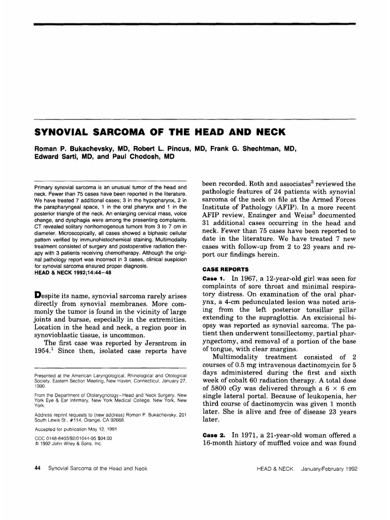 Synovial Sarcoma of The Head and Neck | PDF | Sarcoma | Head And Neck ...
