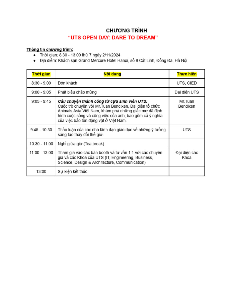 Agenda - UTS Open Day 2024 | PDF