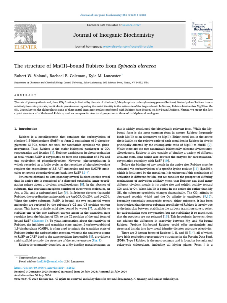 VOLAND. The Structure of MN (II) - Bound Rubisco From Spinacia Oleracea. Journal of Inorganic ...