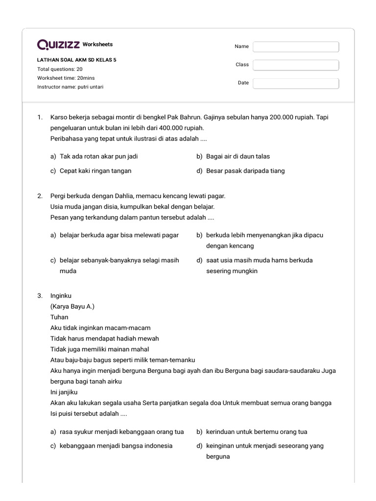 LATIHAN SOAL AKM SD KELAS 5 - Quizizz | PDF
