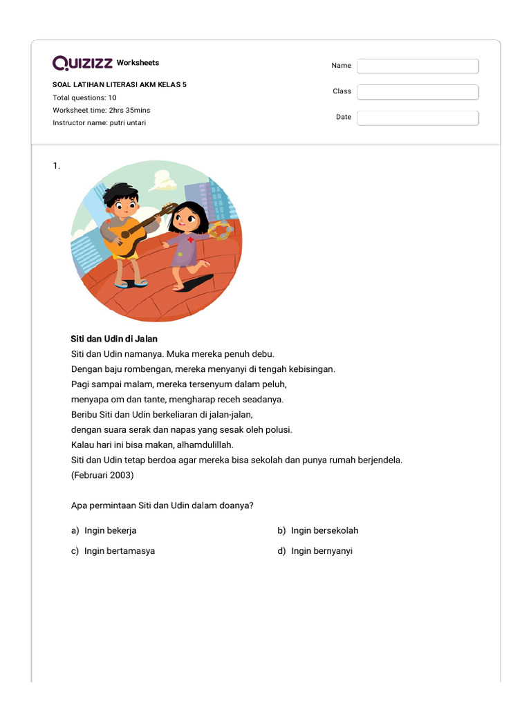 Soal Latihan Literasi Akm Kelas 5 - Quizizz | PDF