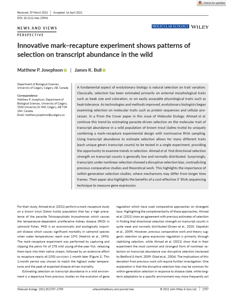 Molecular Ecology - 2021 - Josephson - Innovative Mark Recapture ...
