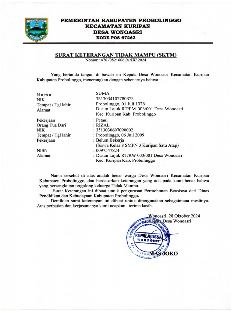 SKTM Beasiswa Warga Wonoasri | PDF