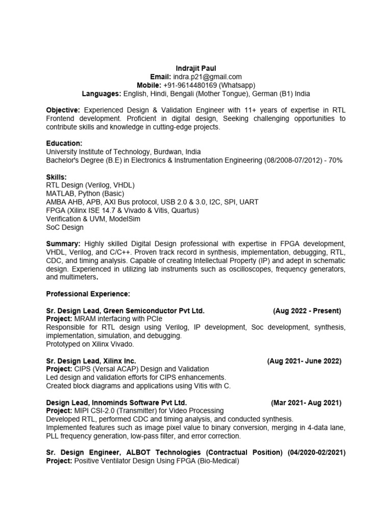 Indrajit RTL Design Engineer 11+ 002 | PDF | Vhdl | Field Programmable ...