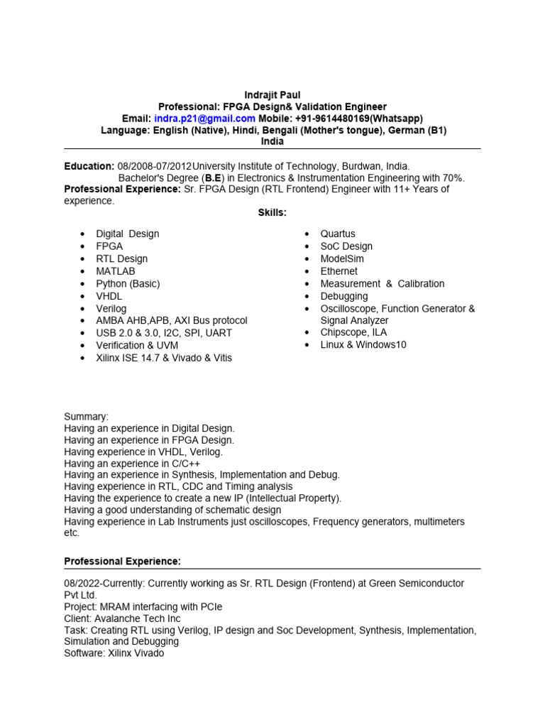 Indrajit RTL Design Engineer 11+ 003 | PDF | Field Programmable Gate ...