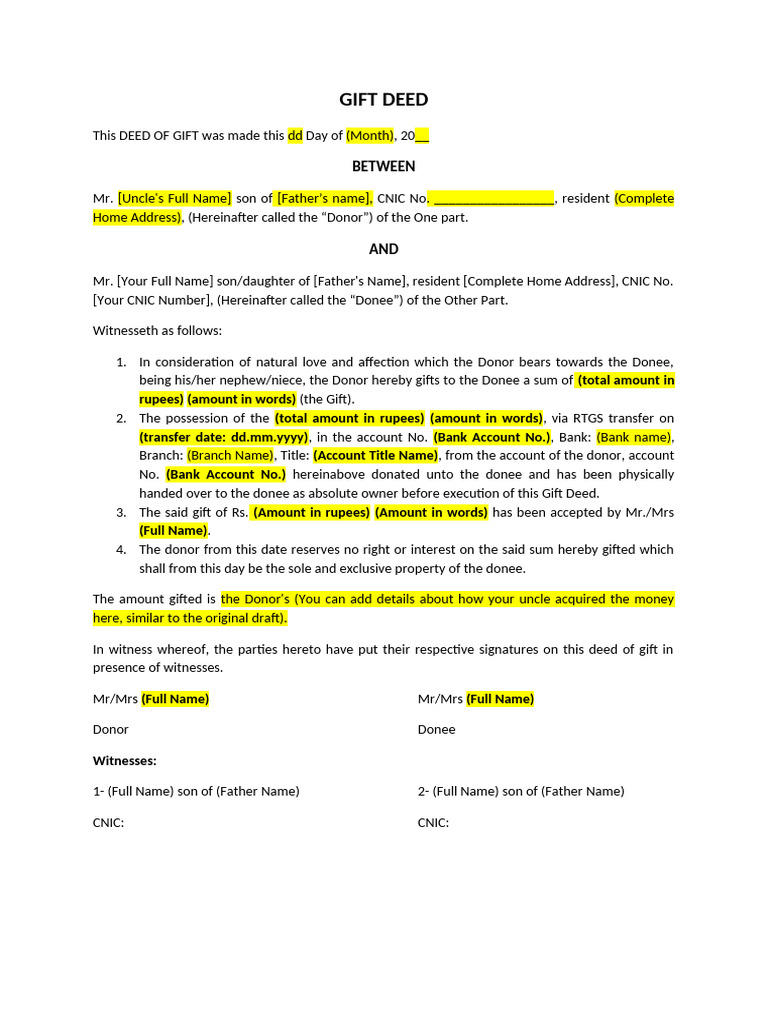 Gift Deed - Template | PDF