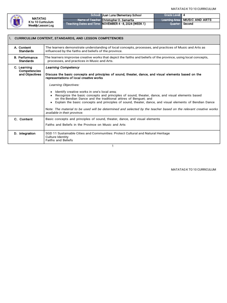 DLL Matatag - Music & Arts 4 Q2 W1 | PDF | Dances | Curriculum