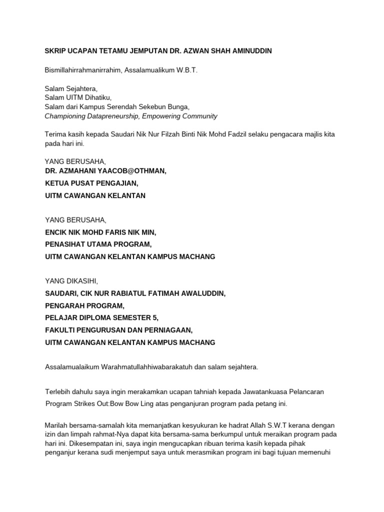 Skrip Ucapan DR Azwan Bowling | PDF