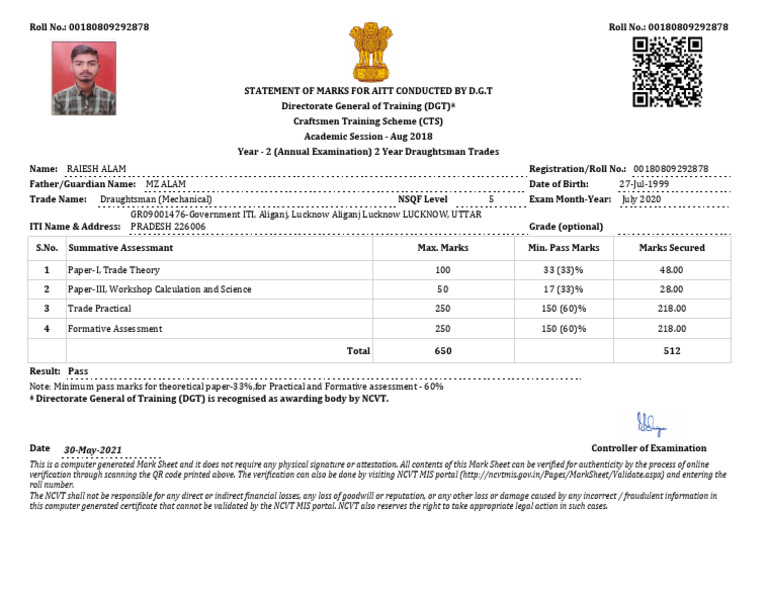 ITI 2nd Year Marksheet for Draughtsman | PDF