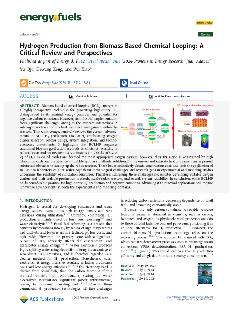 Hydrogen Production From BiomassBased Chemical Looping A Critical ...