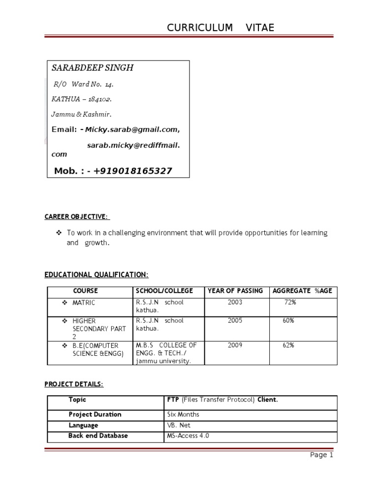 Curriculum Vitae of Sarabdeep Singh | PDF