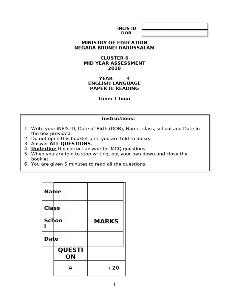 2018 - Mid Year Assessment (English Year 4 - Paper 2) | PDF