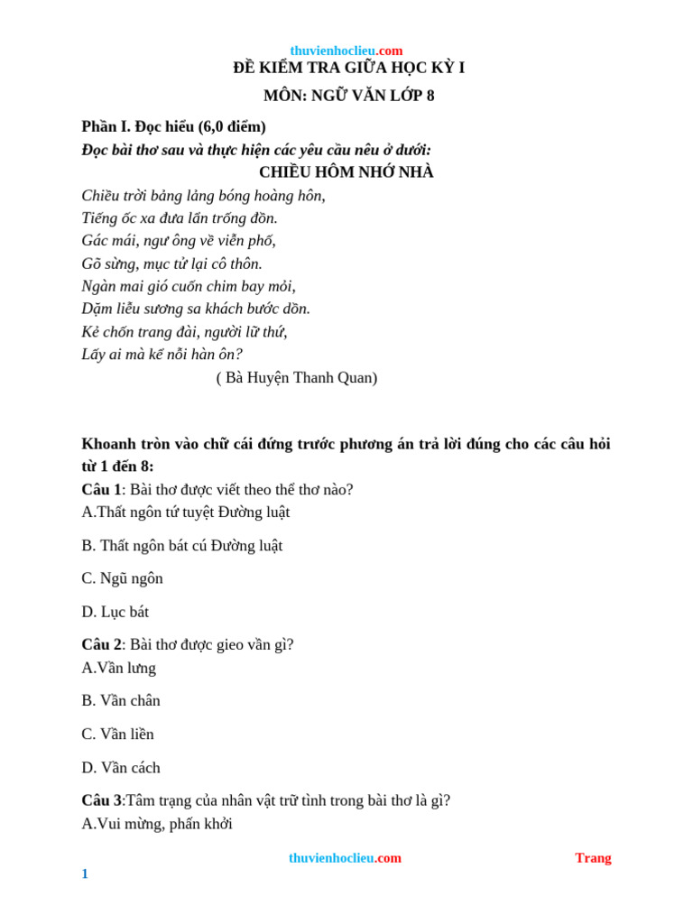 De Thi Giua HK1 Van 8 KNTT | PDF