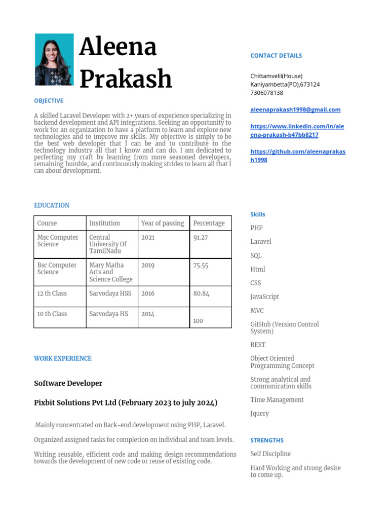 Resume ALEENAPRAKASH | PDF | Php | Scalability