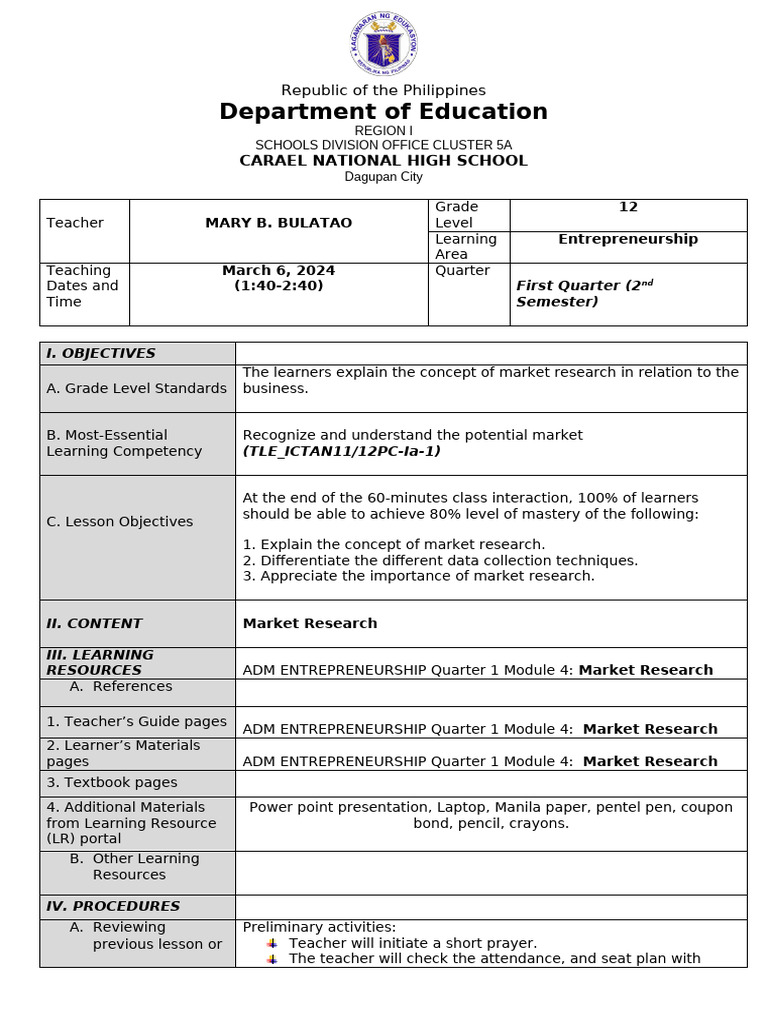 DLP COT 1 ENTREP Market Research | PDF | Focus Group | Information