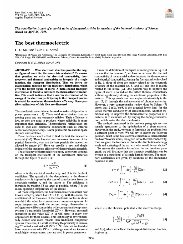 Mahan Sofo 1996 The Best Thermoelectric | PDF | Applied And Interdisciplinary Physics | Physics