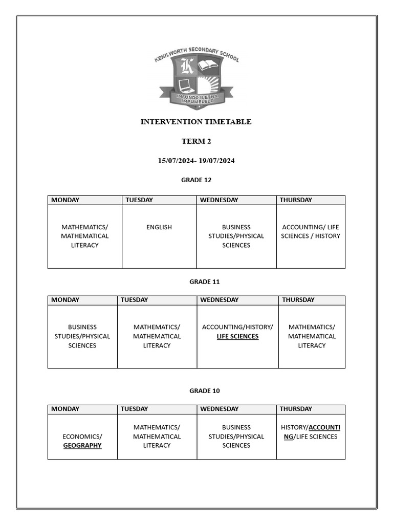 Intervention Timetable Week 15 - 19 July 2024 | PDF