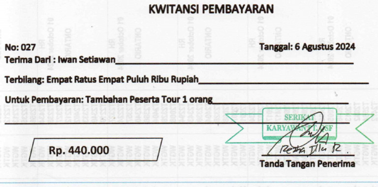 Kwitansi Tour Quartindo An Iwan Setiawan 2 Orang | PDF
