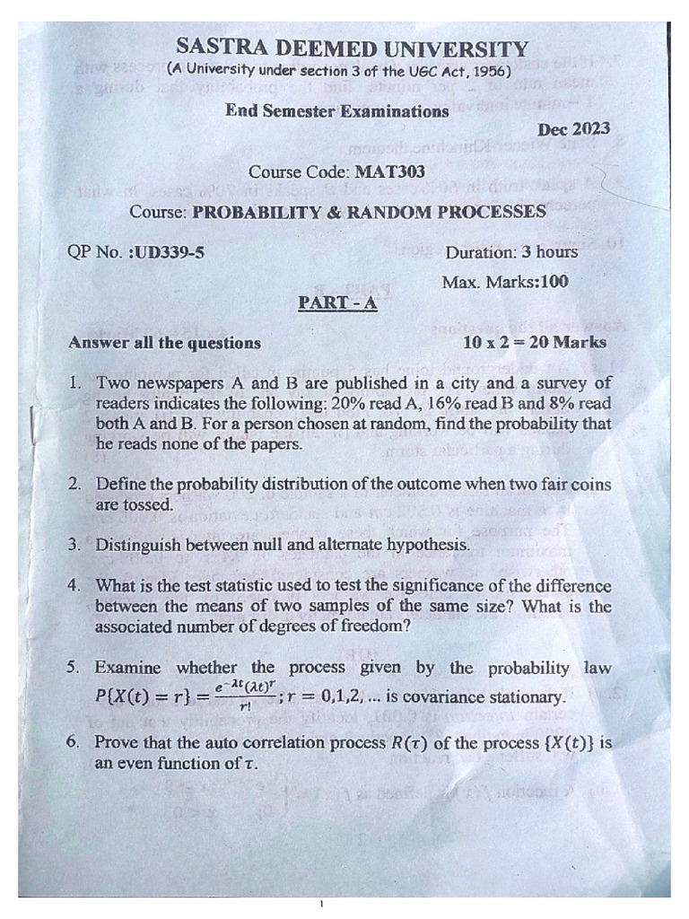 DEC 2023 - Probability and Random Processes | PDF