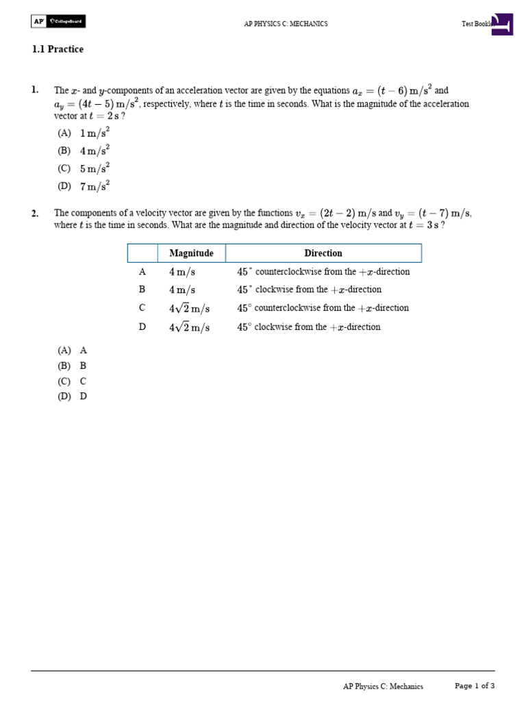 TB 1.1MCQPractice | PDF | Velocity | Euclidean Vector