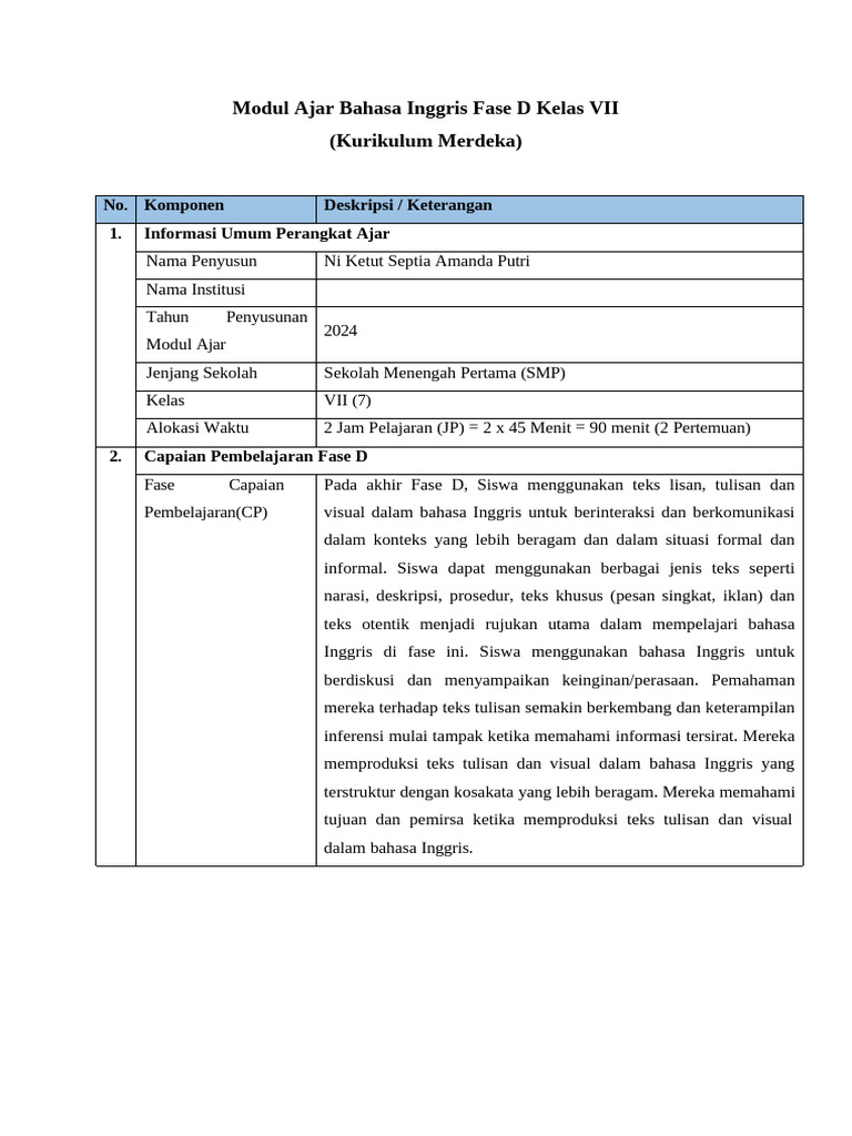 Modul Ajar Bahasa Inggris Fase D Kelas VII Listening - Speaking (Media Offline) | PDF