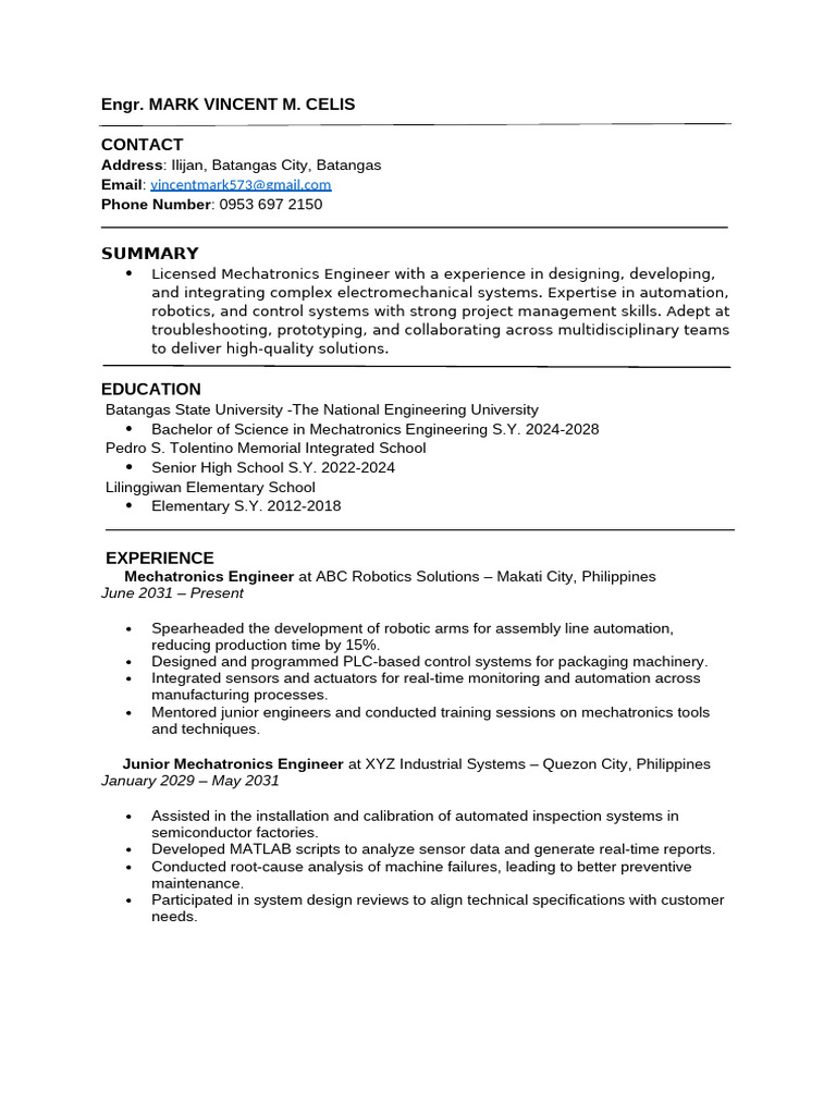 Mechatronics Engineer Profile: Mark Celis | PDF | Mechatronics | Automation