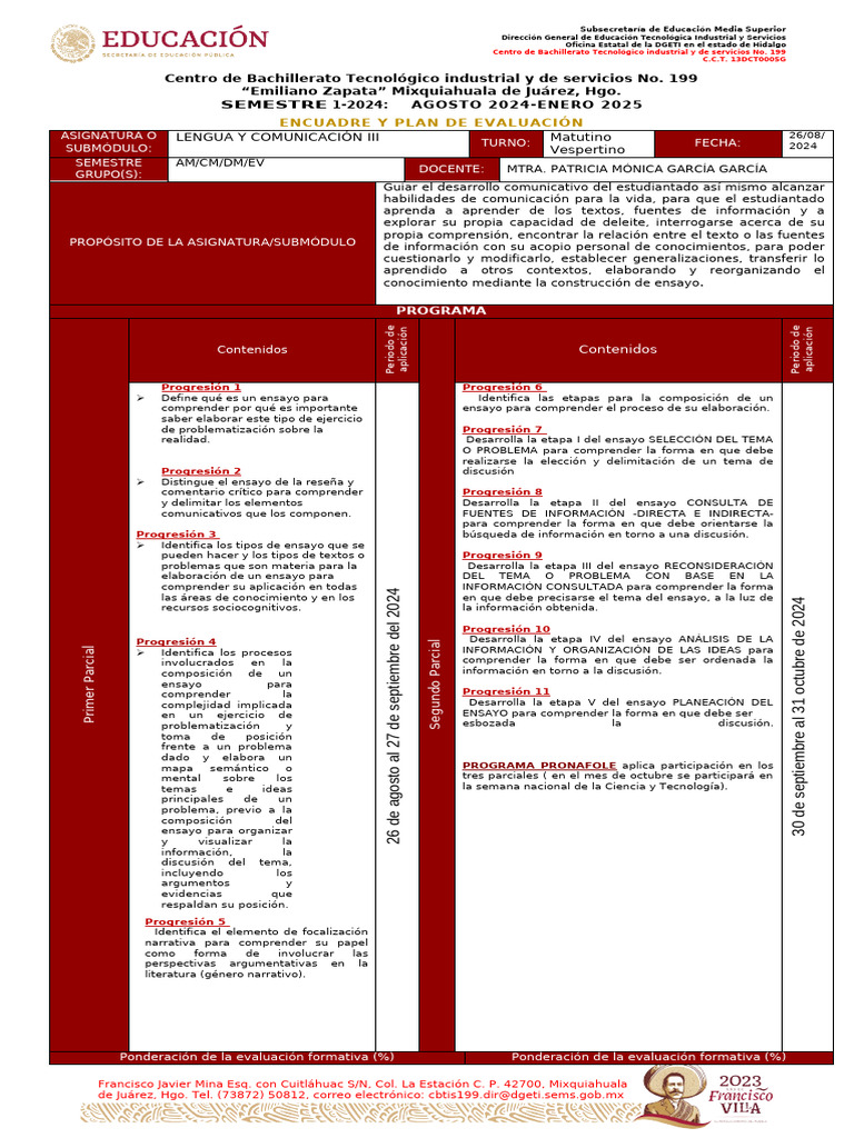 L-c-3 - Ok - Encuadre y Plan de Evaluacion Ago 2023 - Ene 2024-Lengua y Comunicación - 3 | PDF ...