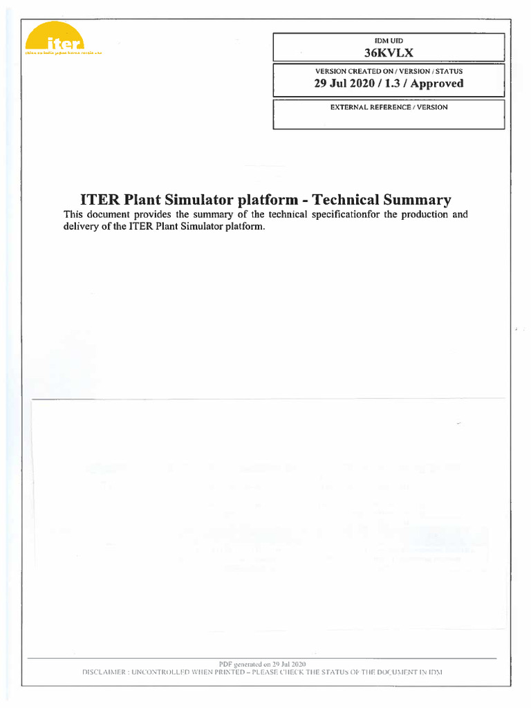 ITER Plant Simulator Technical Summary | PDF | Simulation | System