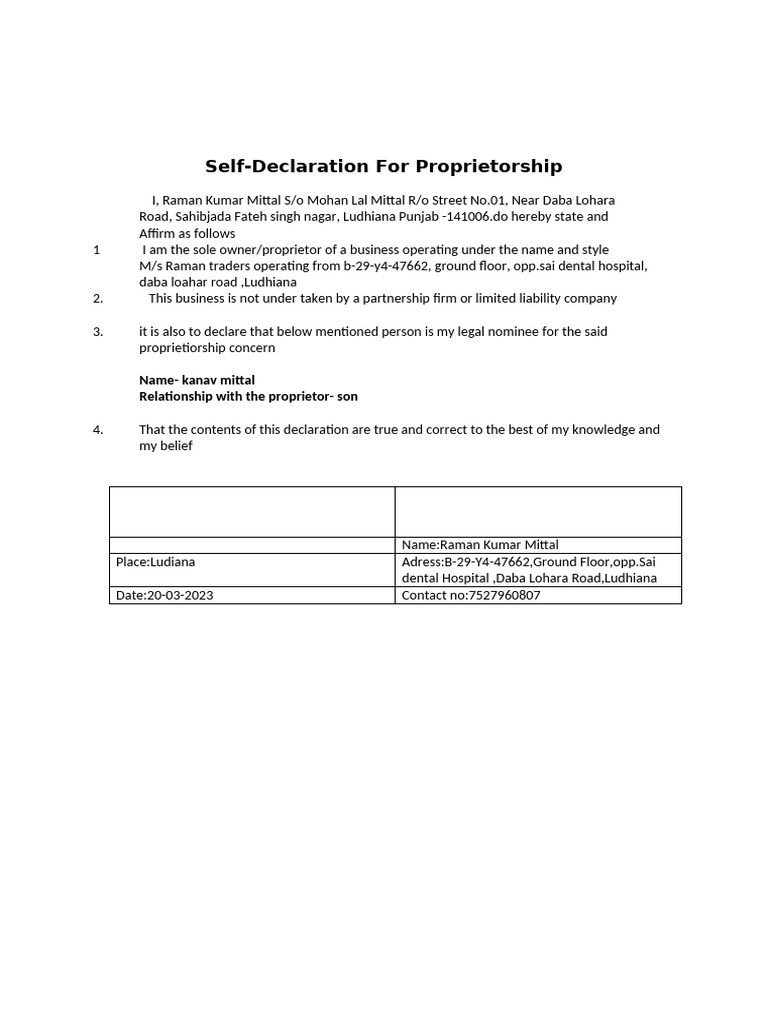 Proprietorship Declaration Form | PDF | Social Science