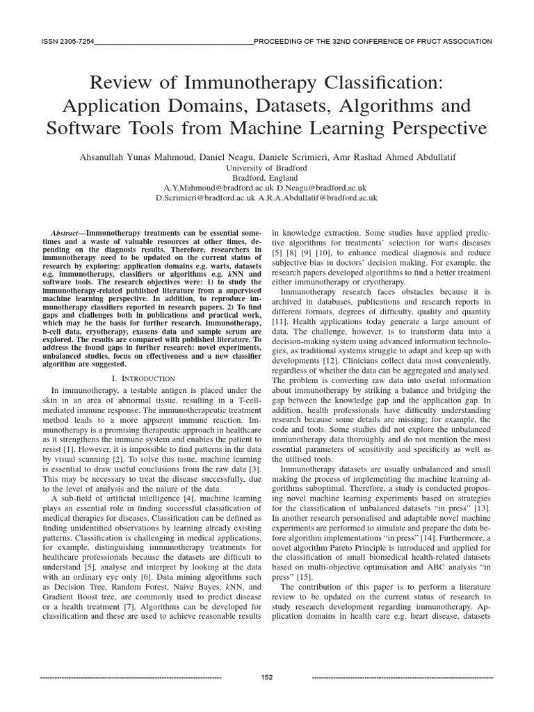Review of Immunotherapy Classification: Application Domains, Datasets, Algorithms and Software ...