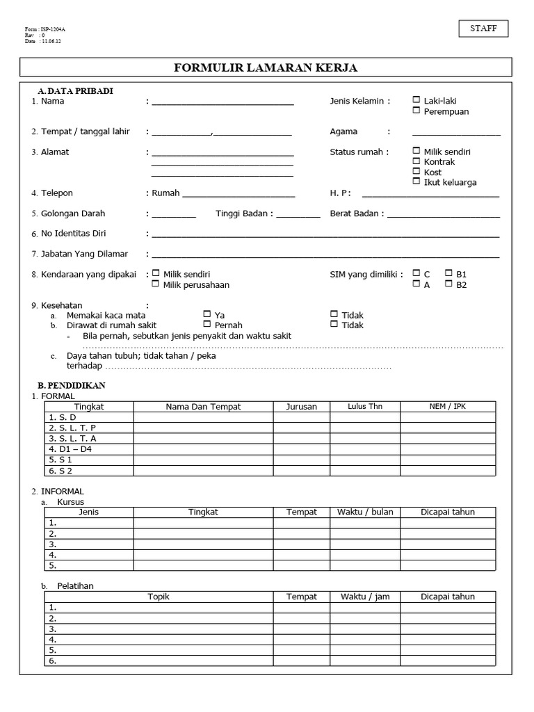 0 (Form Lamaran Kerja Staff) | PDF