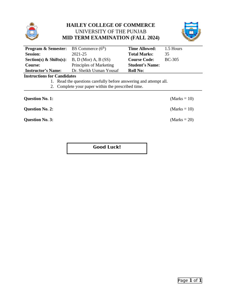 Question Paper Templet - Mids | PDF