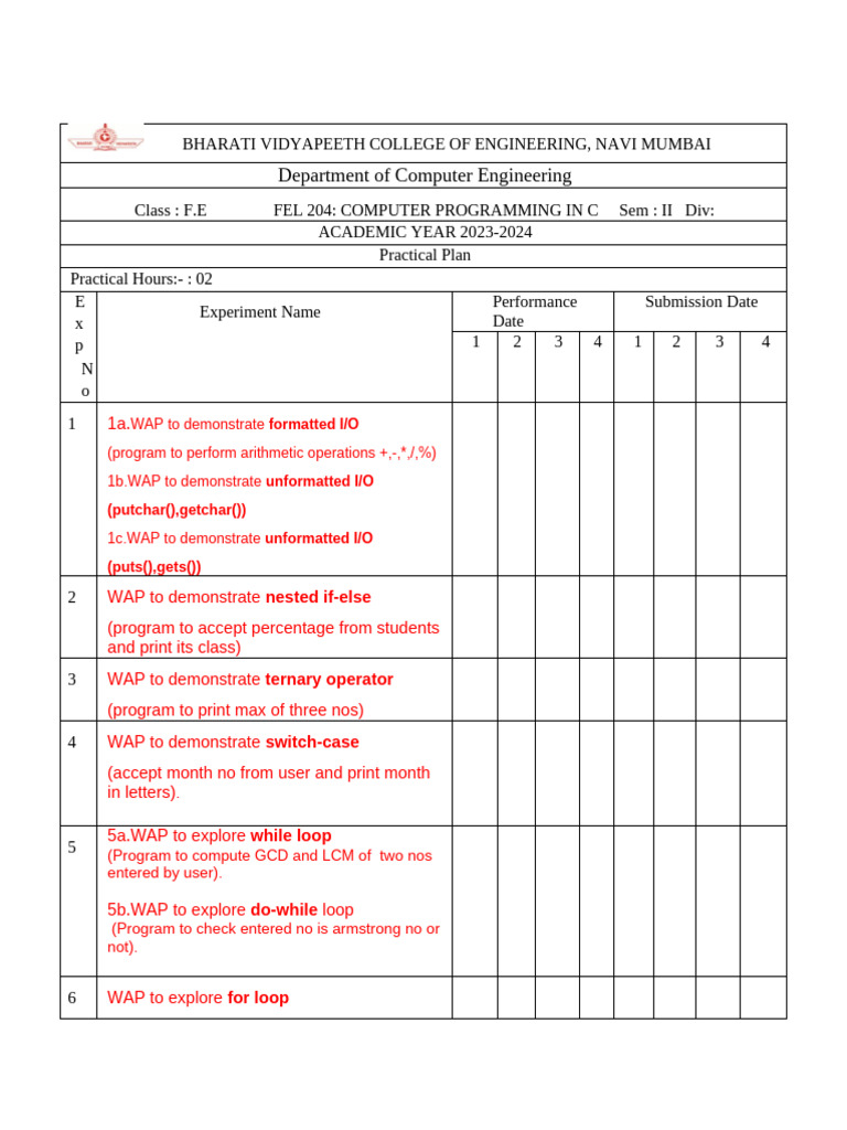 Cp 23 24 List Of Expt Prac Plan Pdf Pointer Computer Programming Computer Programming