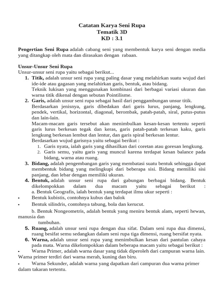 Catatan Karya Seni Rupa Tema 3D | PDF