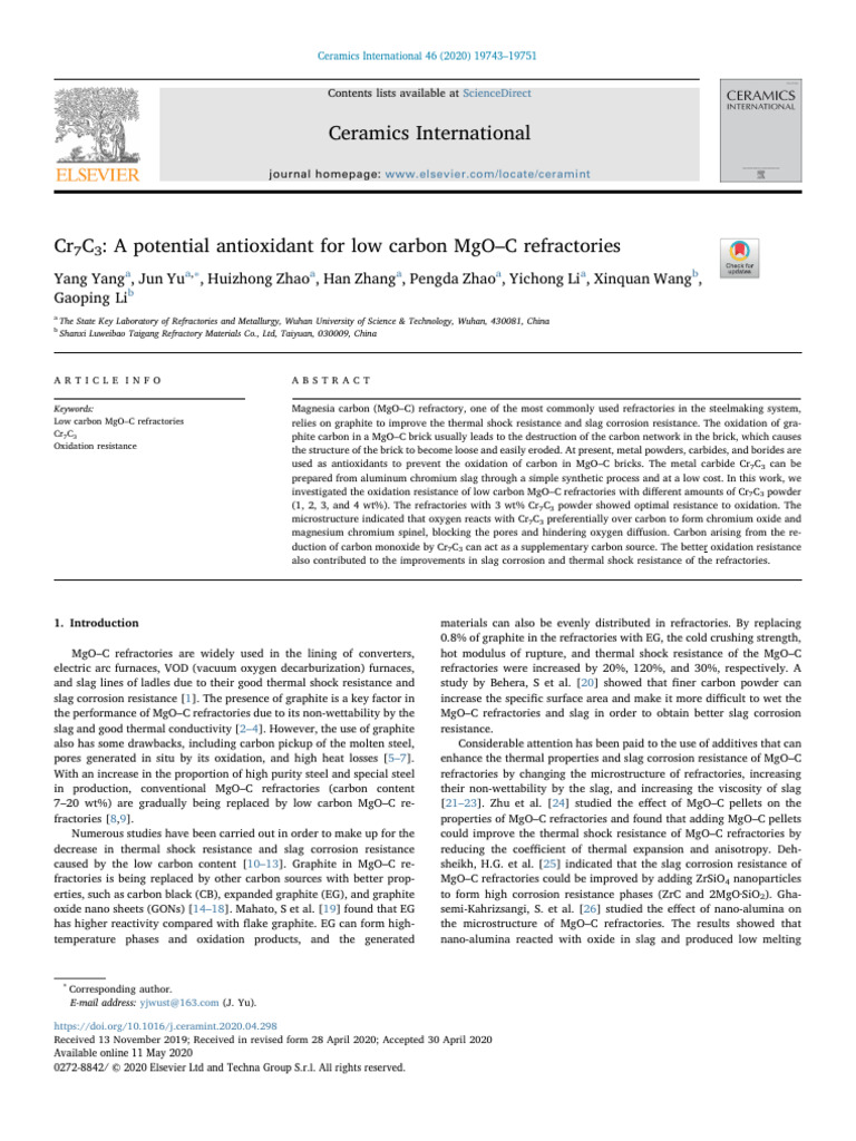 Cr7C3 یک آنتی اکسیدان بالقوه برای دیرگدازهای MgO-C کم کربن | PDF ...