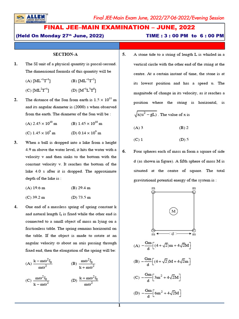 2706 PCM Test Paper Evening Final | PDF | Velocity | Mass