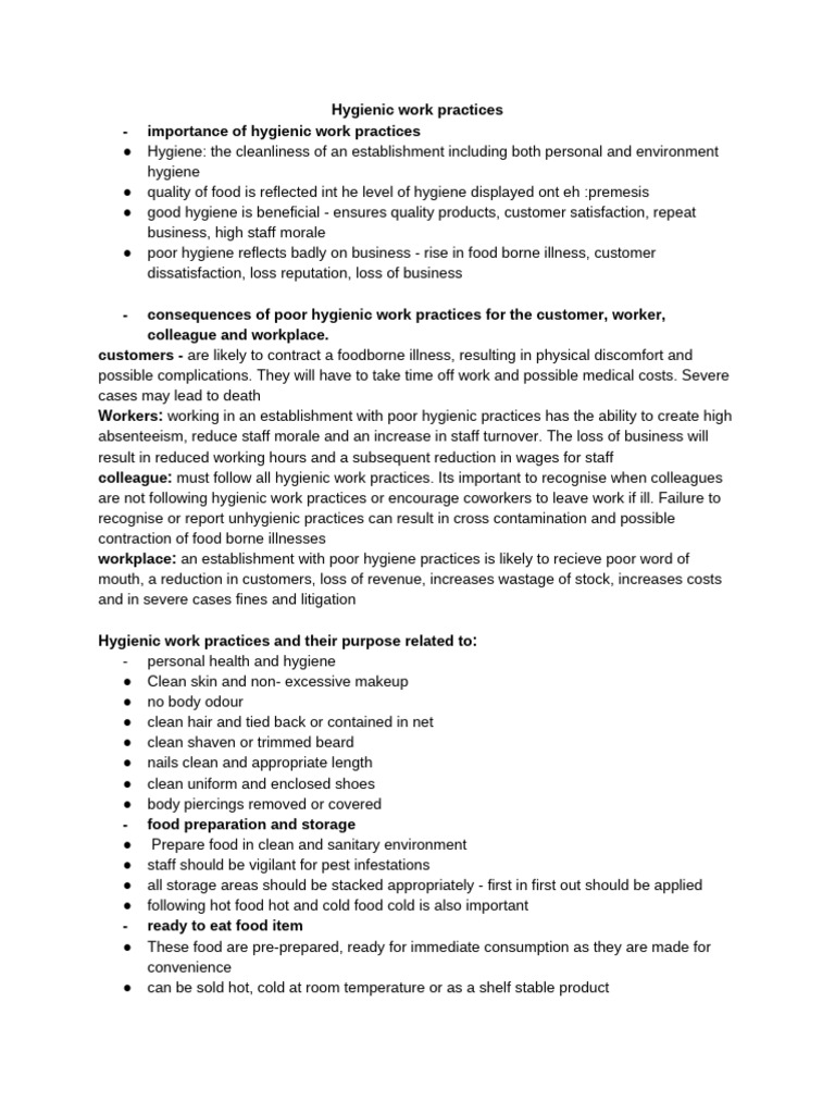Hospo HSC Notes | PDF | Food Safety | Hand Washing