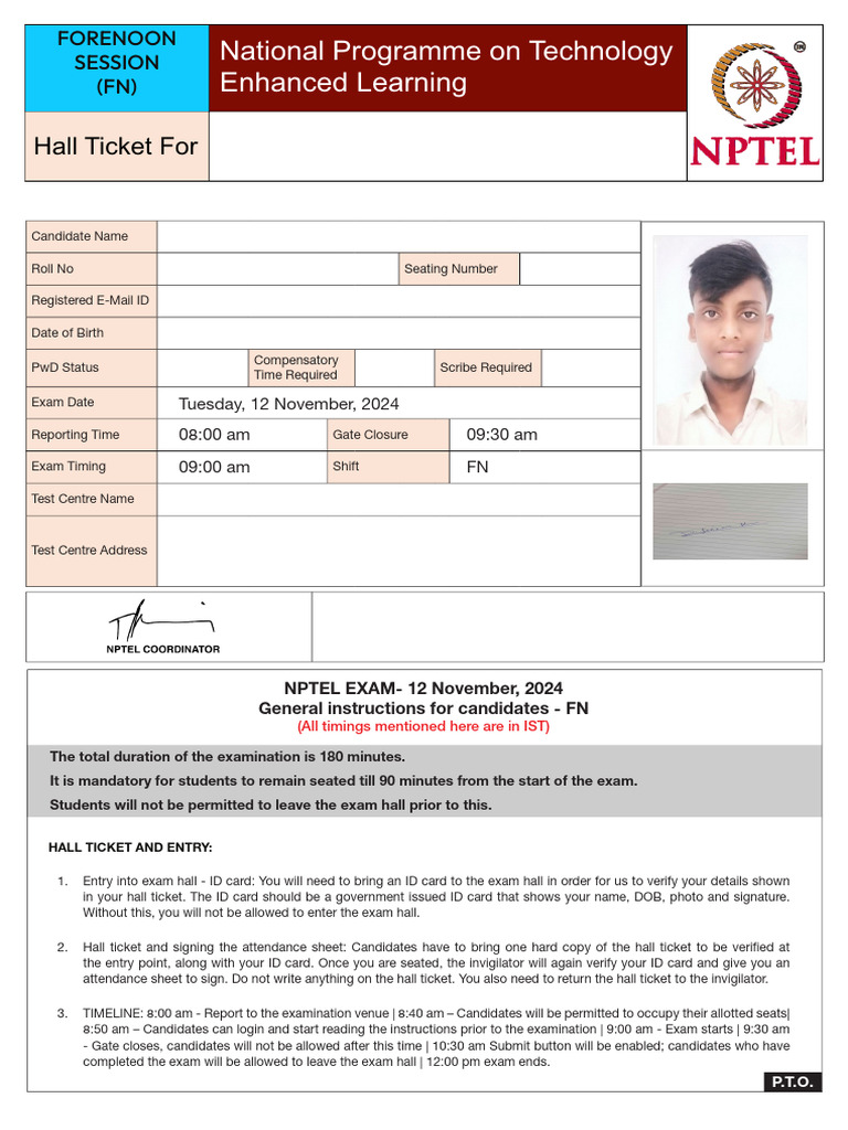 NPTEL Exam Hall Ticket Instructions | PDF