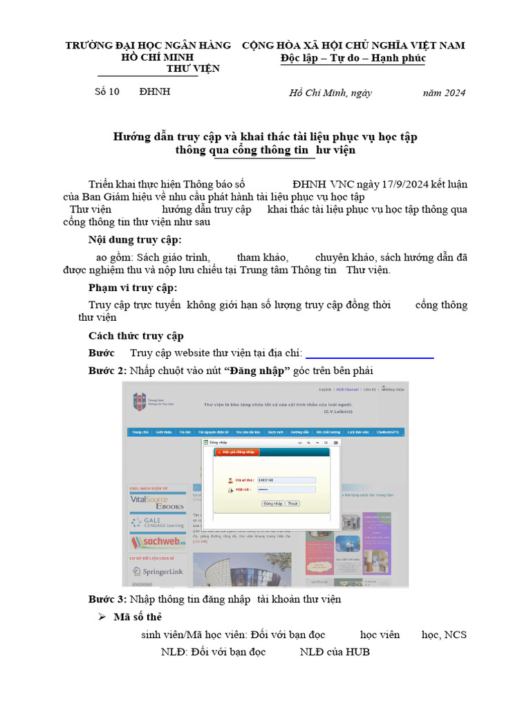 TTTV_THÔNG BÁO TRUY CẬP VÀ KHAI THÁC TÀI LIỆU PHỤC VỤ HỌC TẬP_18-9-2024 | PDF
