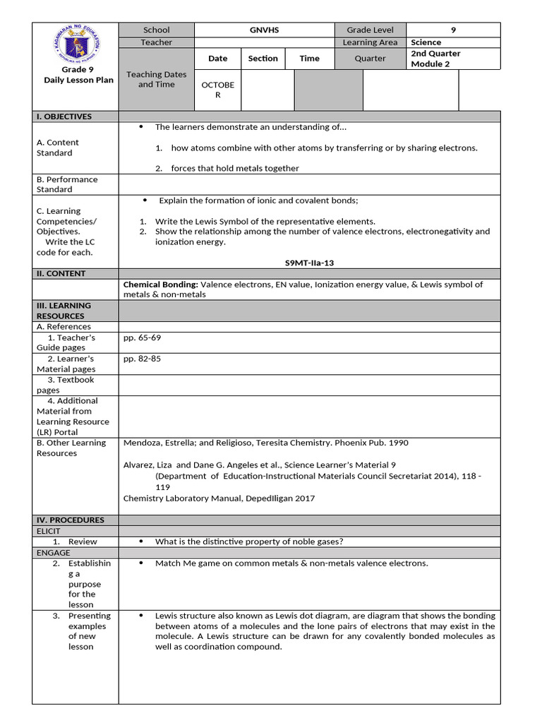 Science 9 DLP 2ND QTR | PDF | Chemical Bond | Covalent Bond