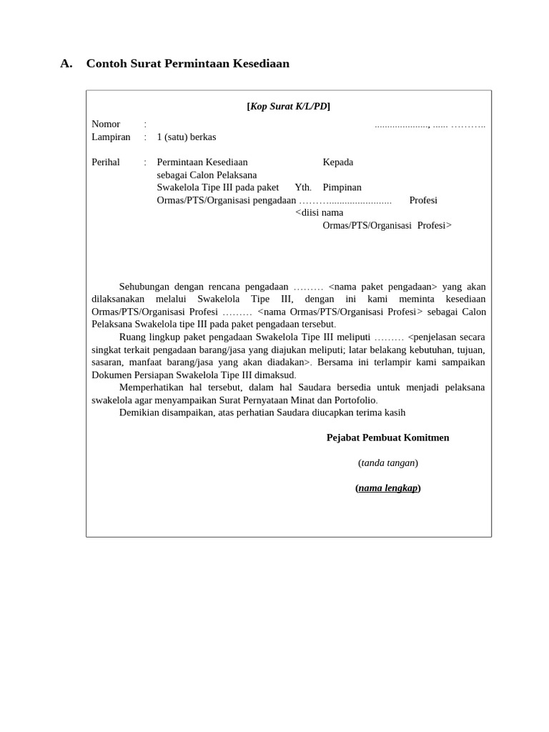 Contoh Surat Permohonan Dan Portofolio Swakelola Tipe III | PDF | Hukum