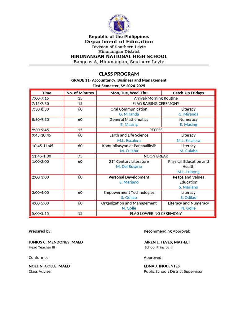 Sample Class and Teachers Program 2024 2025 | PDF | Learning | Behavior Modification