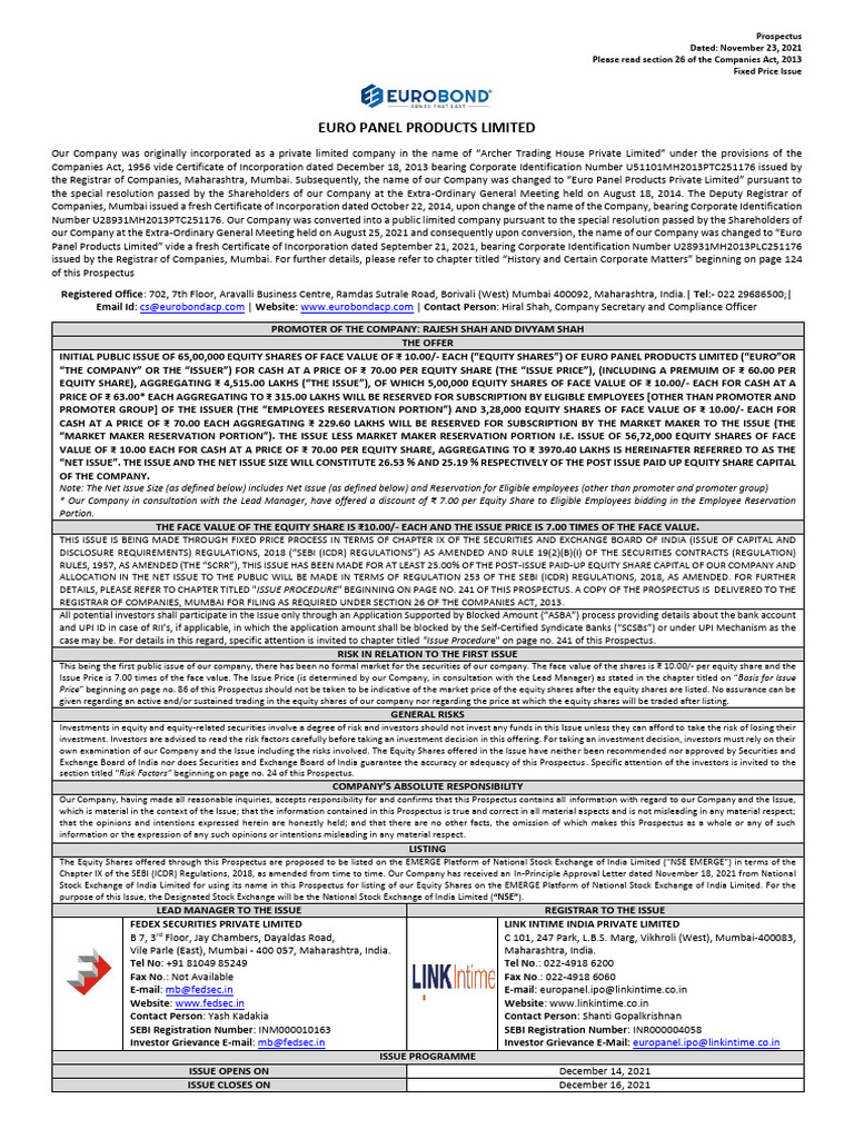 Euro Panel Products Limited - Prospectus | PDF | Stocks | Securities ...