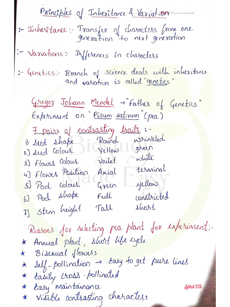 Principles If Inheritance and Variation Notes | PDF