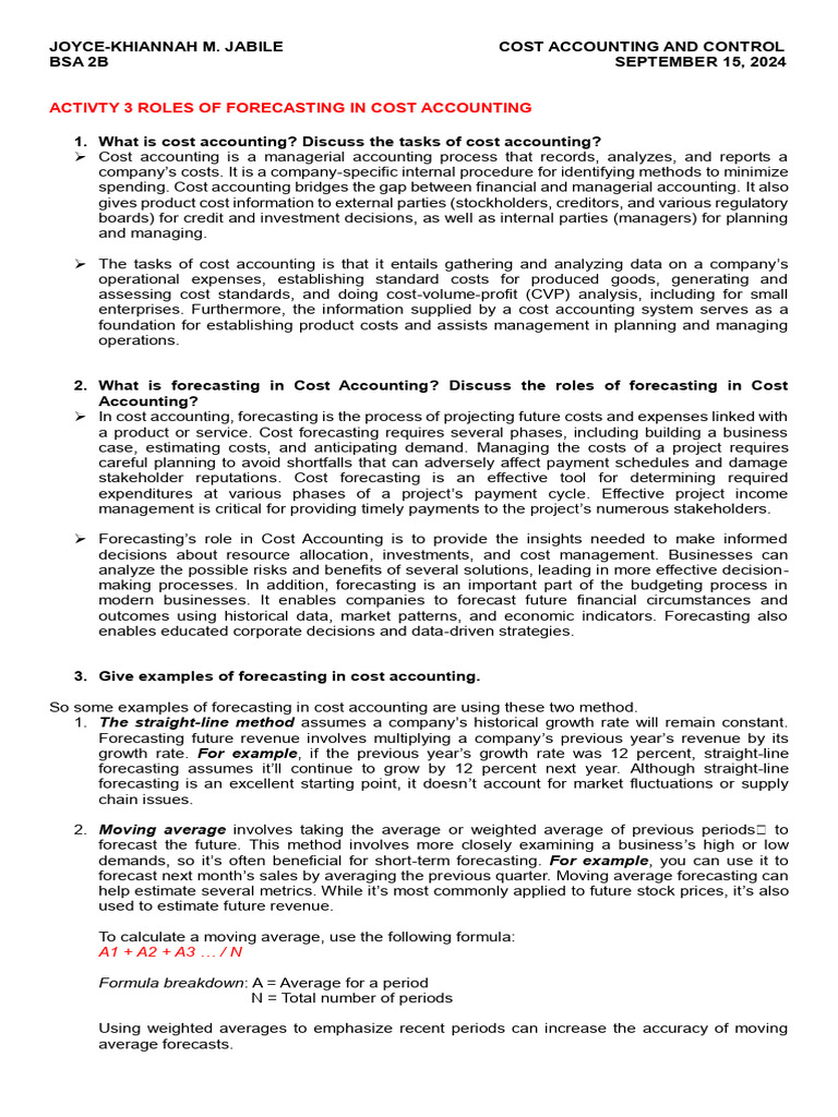 ACTIVTY 3 ROLES OF FORECASTING IN COST ACCOUNTING | PDF | Forecasting ...