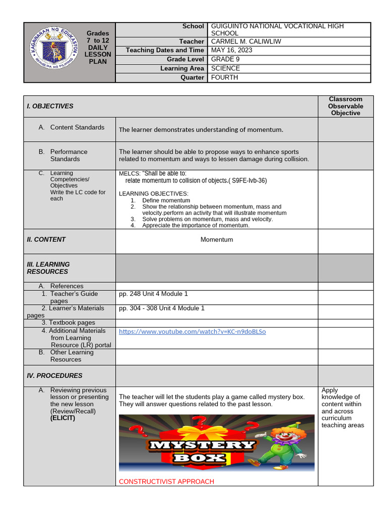 DLP SAMPLE FOR CLASSROOM OBSERVATION Cot 4 | PDF | Learning | Inquiry Based Learning