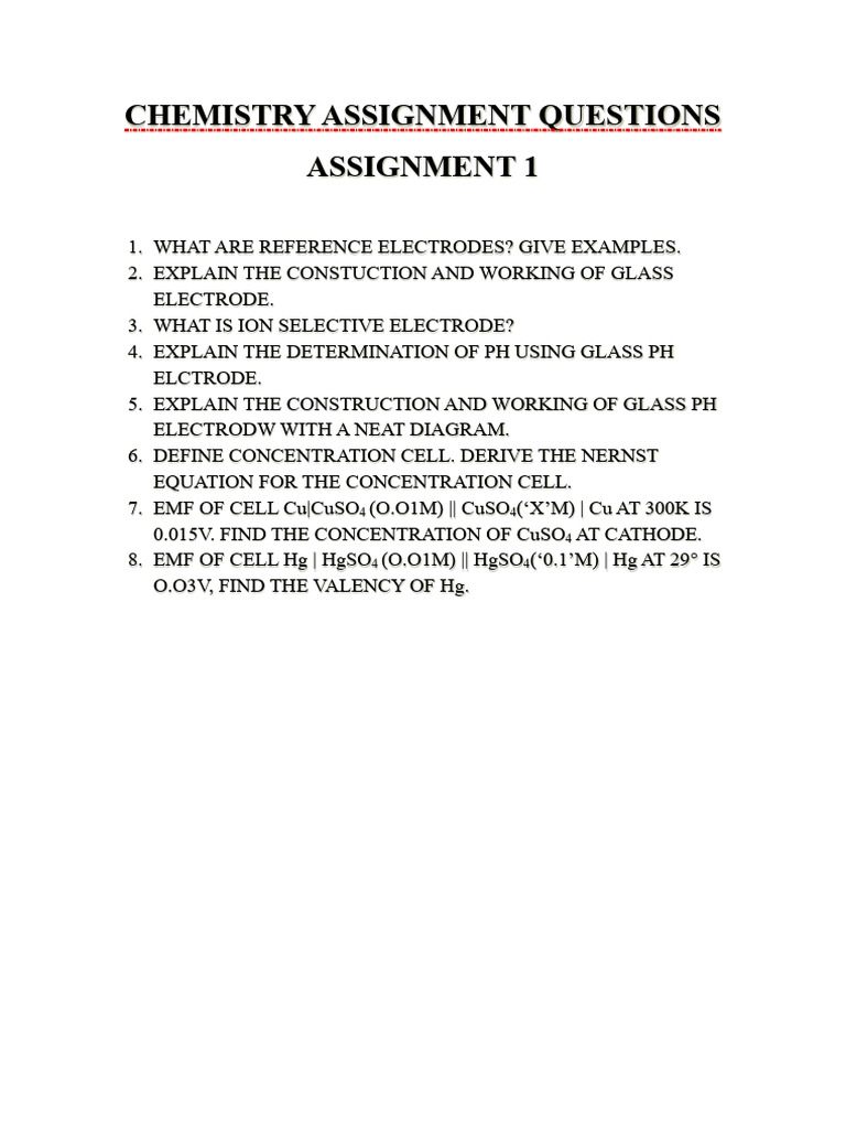 Chemistry Assignment Questions 1,2,3 | PDF | Corrosion | Electrode