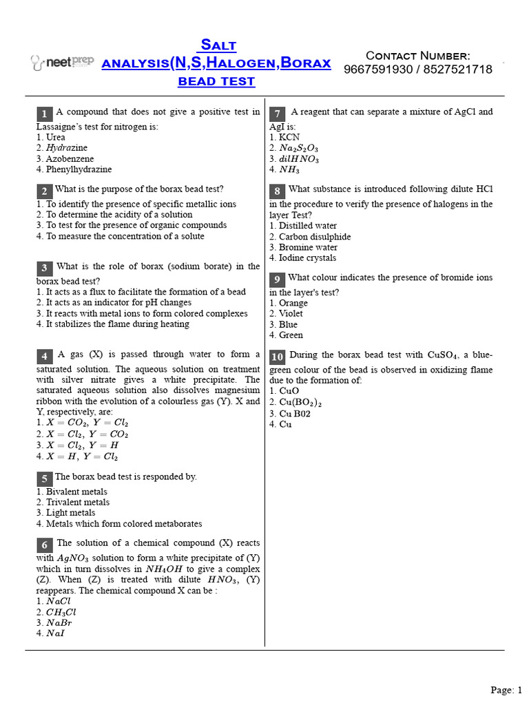Salt Analysis (N, S, Halogen, Borax Bead Test | PDF | Chemical ...